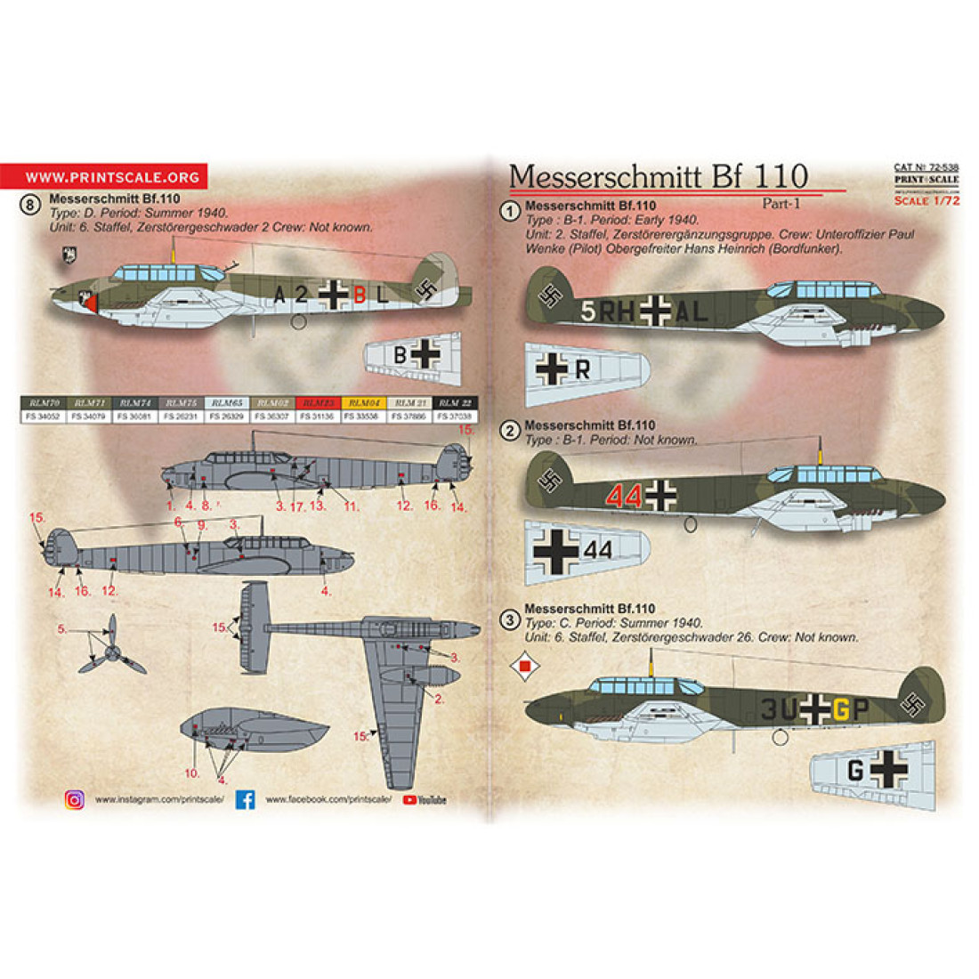 Messerschmitt Bf 110 Part 1 1/72 72-538|Print Scale Decals