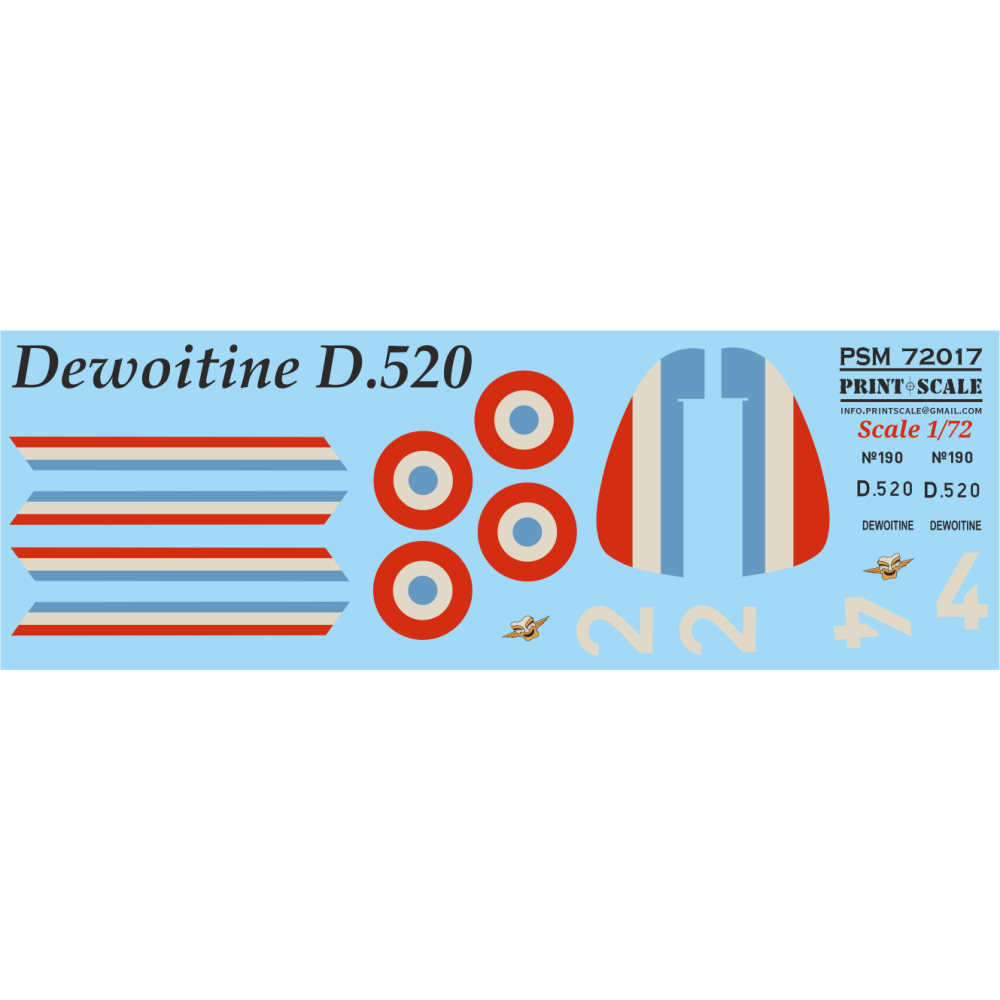 Dewoitine D.520 Painting Mask & Decals PSM72017 Scale 1/72