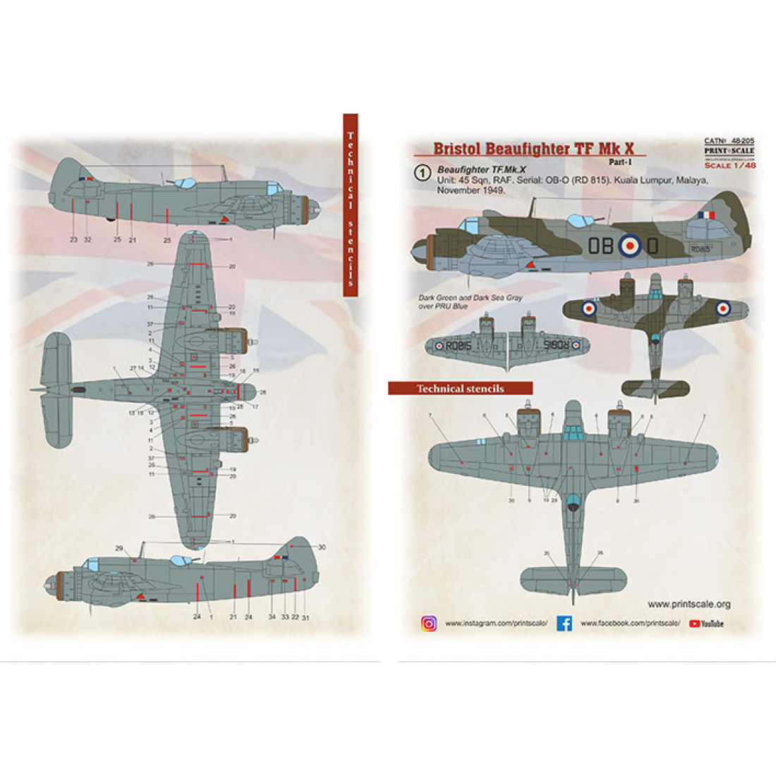Bristol Beaufighter TF.Mk.X Part-1 / 48-205 - 45 Sqn, RAF - Printscale, Scale: 1/48