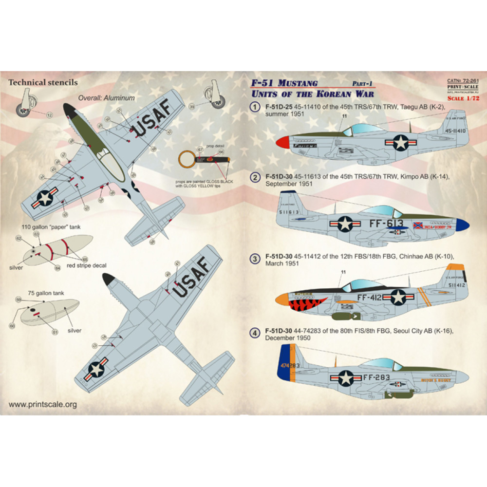F-51 Mustang Korean War Decals 1/72 USAF Mustang Set