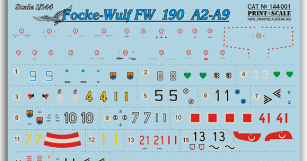 Focke-Wulf Fw 190 A-2–A-9 Markings WWII 144-001 Scale 1/144