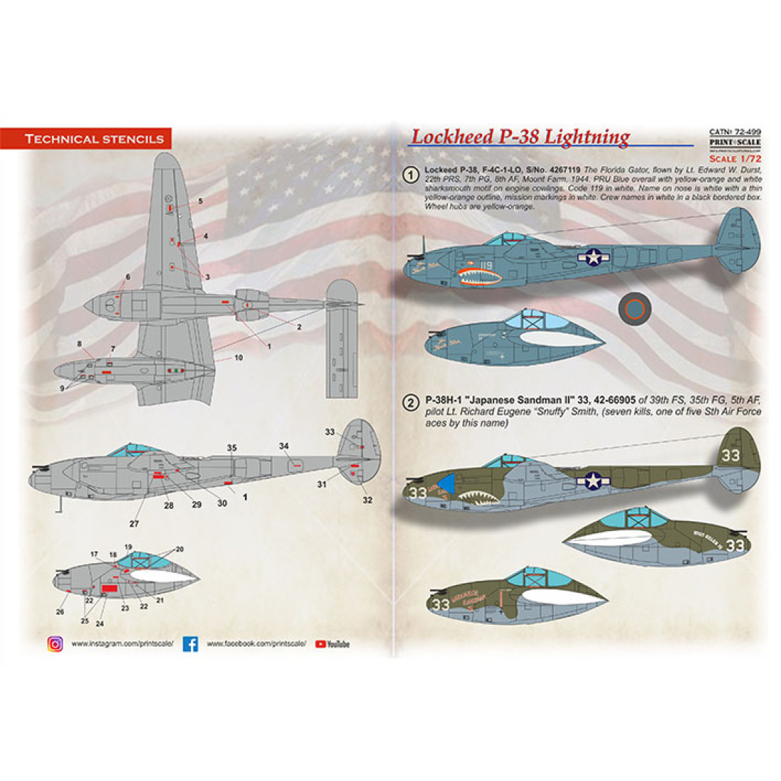 Lockheed P-38 Lightning Model Kits - 72-499 Florida Gator, Japanese ...