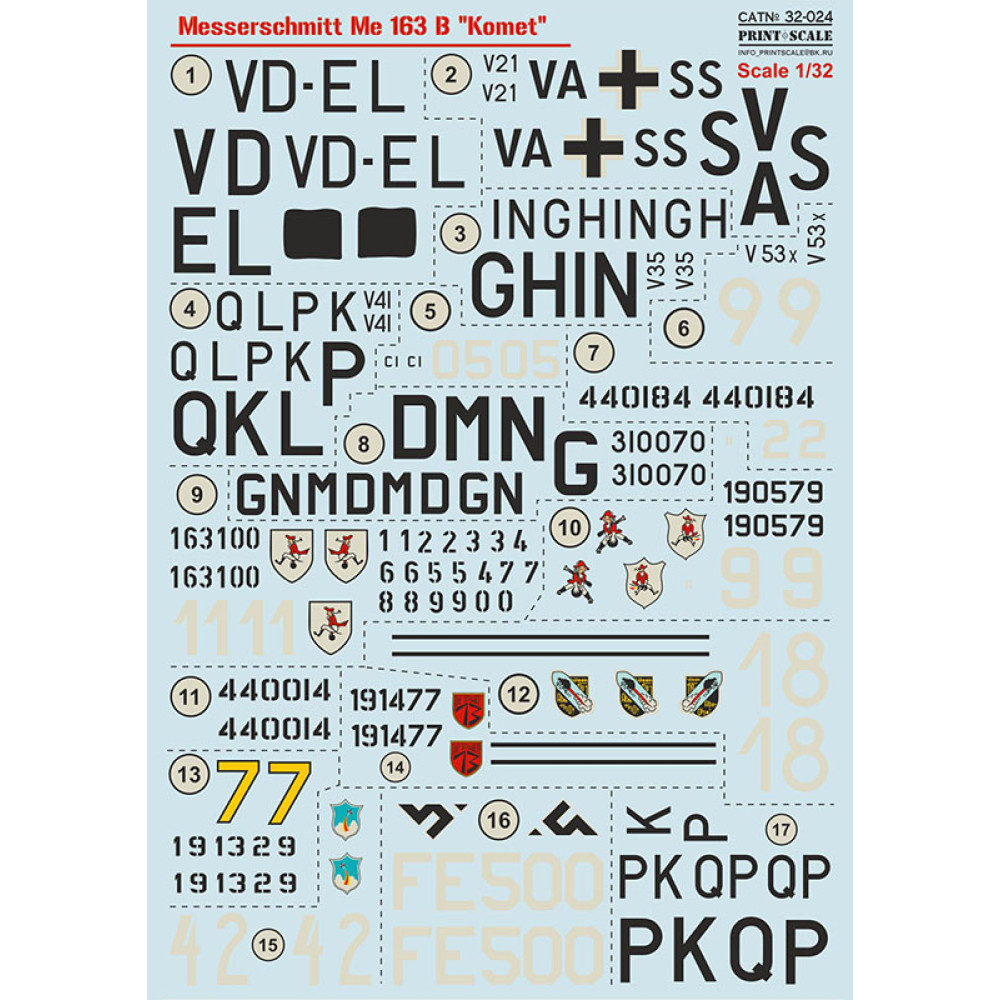 Me 163 Komet Decals 1/32 JG400 Luftwaffe 32-024