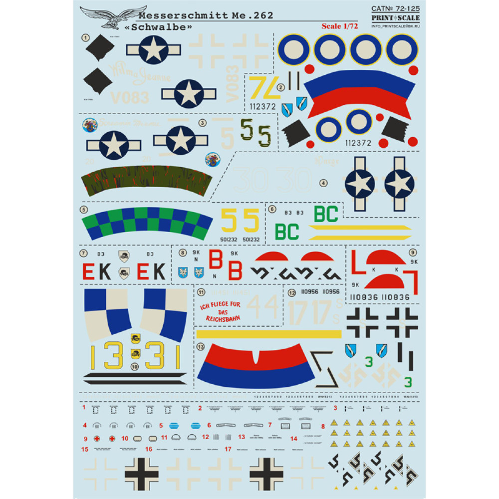 Messerschmitt Me 262 Schwalbe 72-125 1/72 Decals