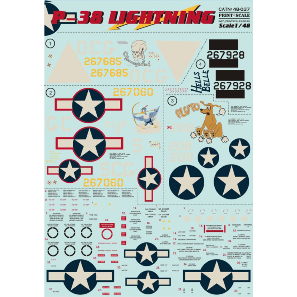 P-38 Lightning Scale 1/48 Decal Set - Various Historical Aircraft Replicas