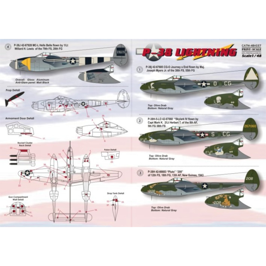 P-38 Lightning Scale 1/48 Decal Set - Various Historical Aircraft Replicas
