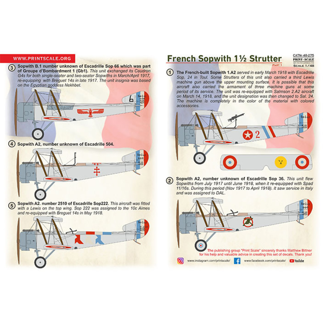 Sopwith 1 1/2 Strutter Decals Part 1 / 48-275 / and 1 - Product Details, Scale: 1/48
