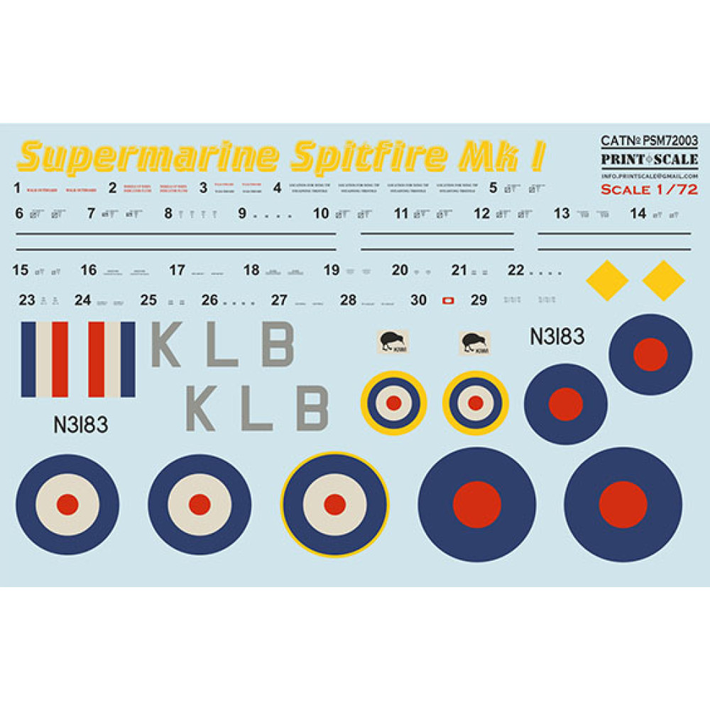 Supermarine Spitfire Mk.1 Mask + Decals (PSM72003) - N3183, KL-B, 54 ...