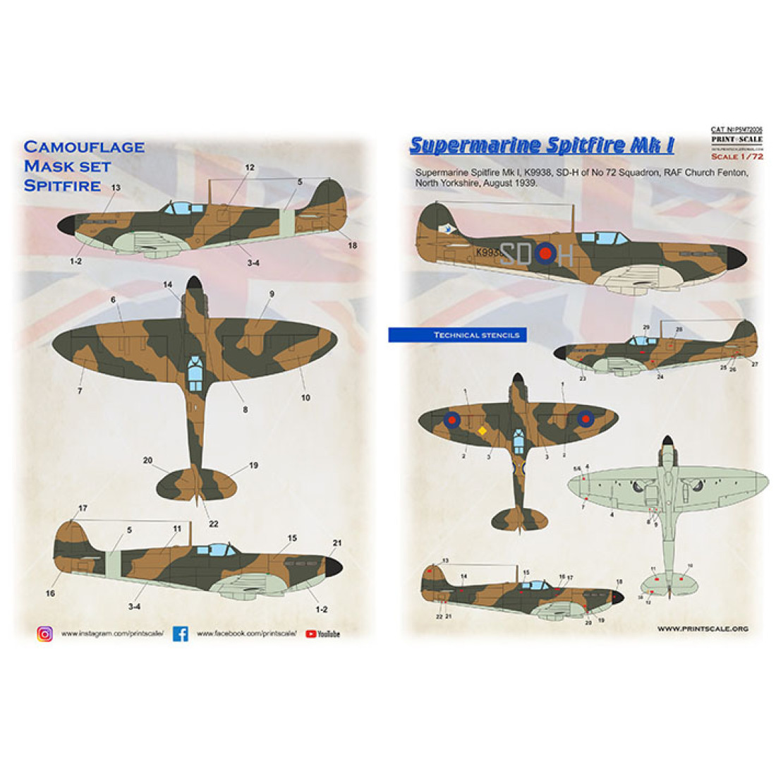 Supermarine Spitfire Mk.1 Mask + Decals | PSM72006 | No 72 Squadron RAF ...