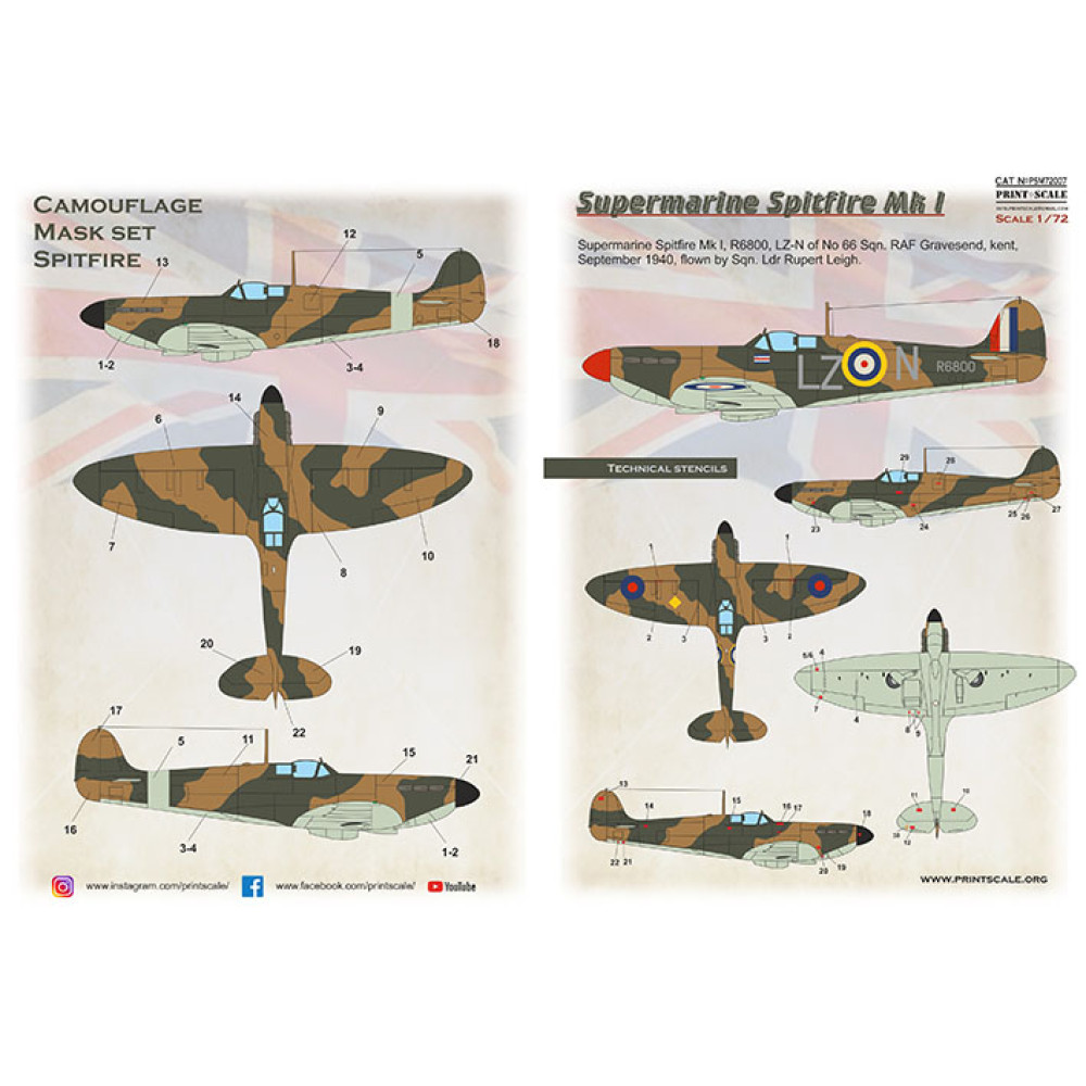 Supermarine Spitfire Mk.1 Mask + Decals - PSM72007 | No 66 Sqn. RAF ...