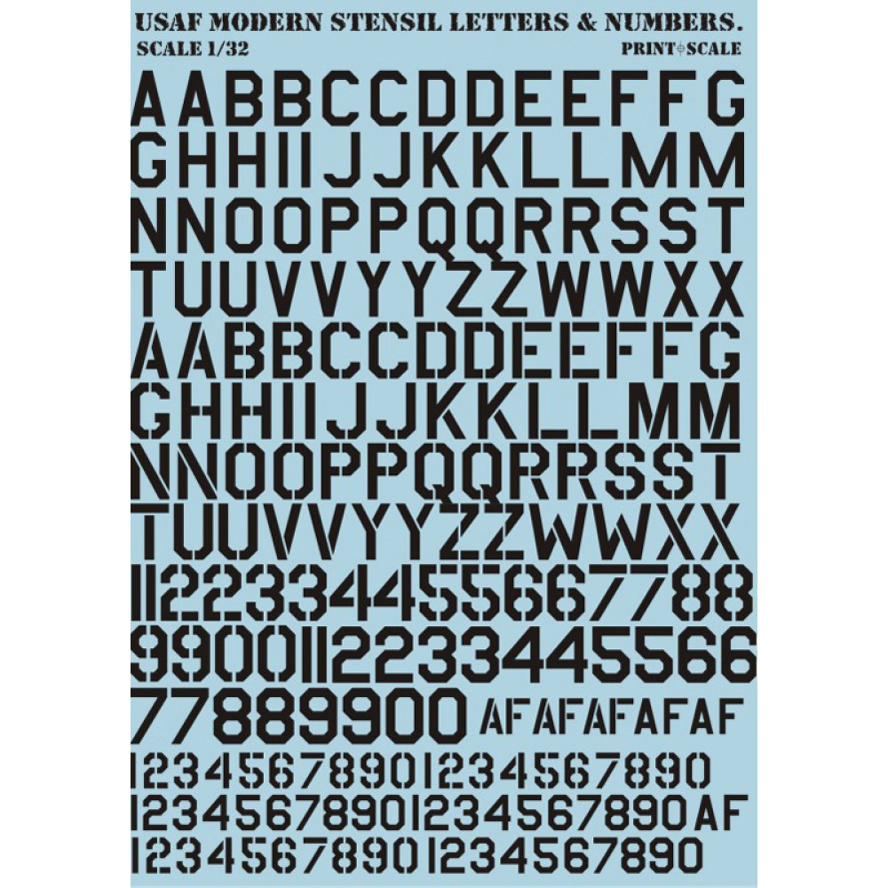 USAF Modern Stencil Letters & Numbers Black 32-003 Scale 1/32