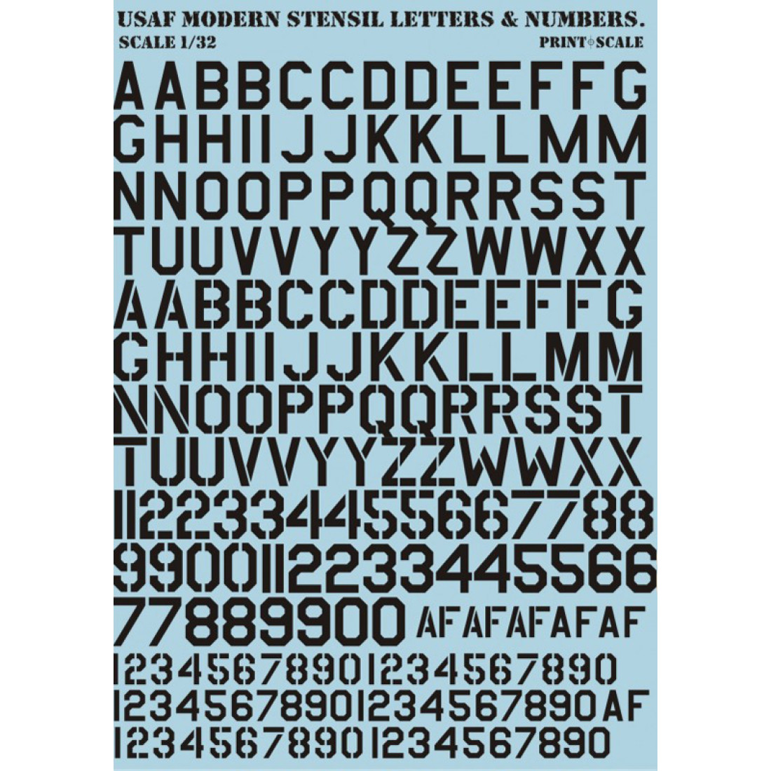 USAF Modern Stencil Letters & Numbers Black 32-003 Scale 1/32